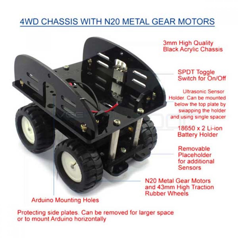 4WD Chassis with N20 Metal Gear Motors - Black Acrylic